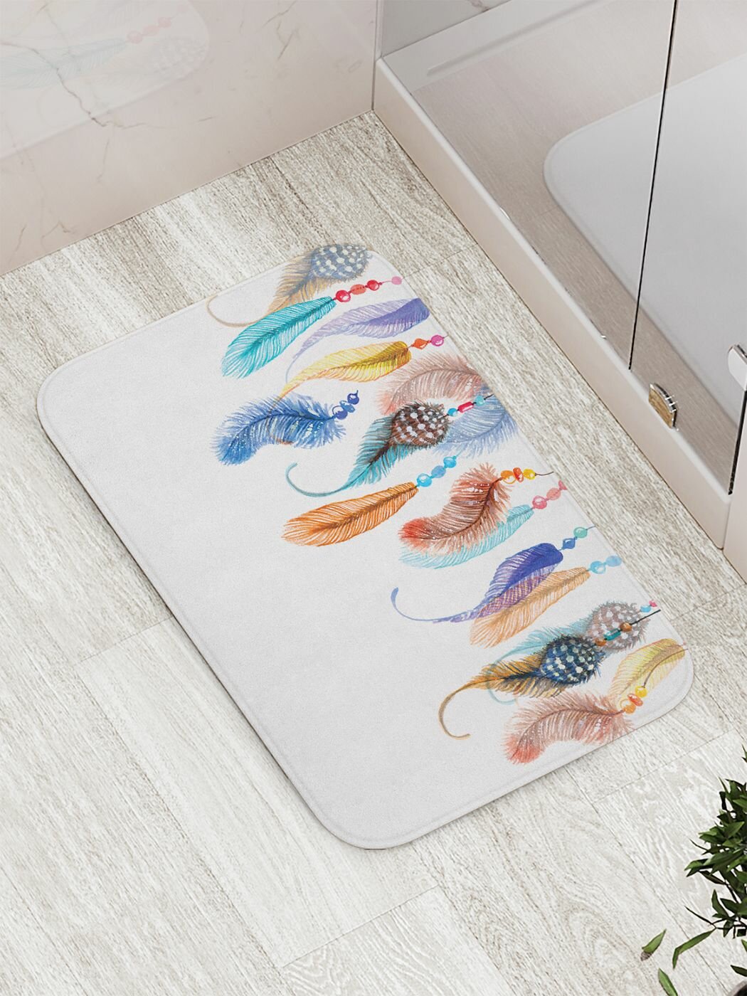 Коврик для ванной комнаты, туалета "Крючки с перьями" противоскользящий, 52х77 см, JoyArty