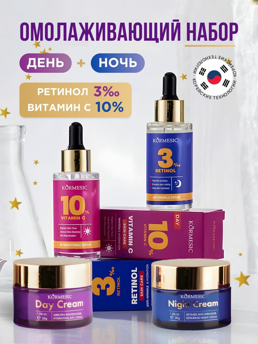 Антивозрастной подарочный набор уходовой косметики / ночной и дневной крем для лица + сыворотка / ниацинамид, ретинол, гиалуроновая кислота, коллаген