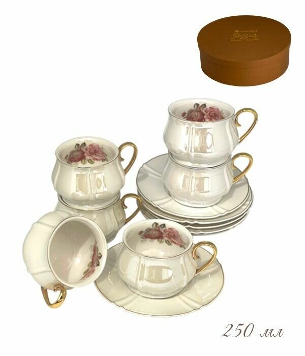 Чайный набор на 6 персон 12 предметов 6 шт чашек и блюдец 250 мл Перламутр Белый в подарочной упаковке фарфор Lenardi