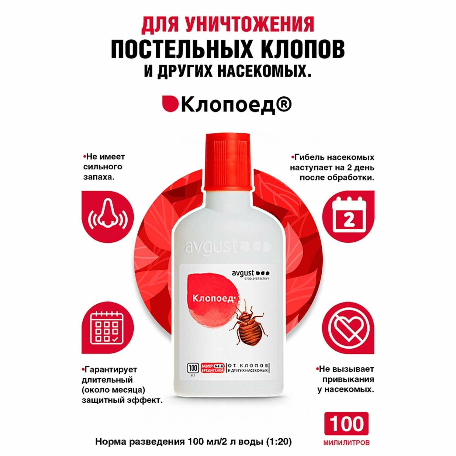Средство от клопов постельных Клопоед Avgust отрава от тараканов, блох, муравьев, мух 100мл