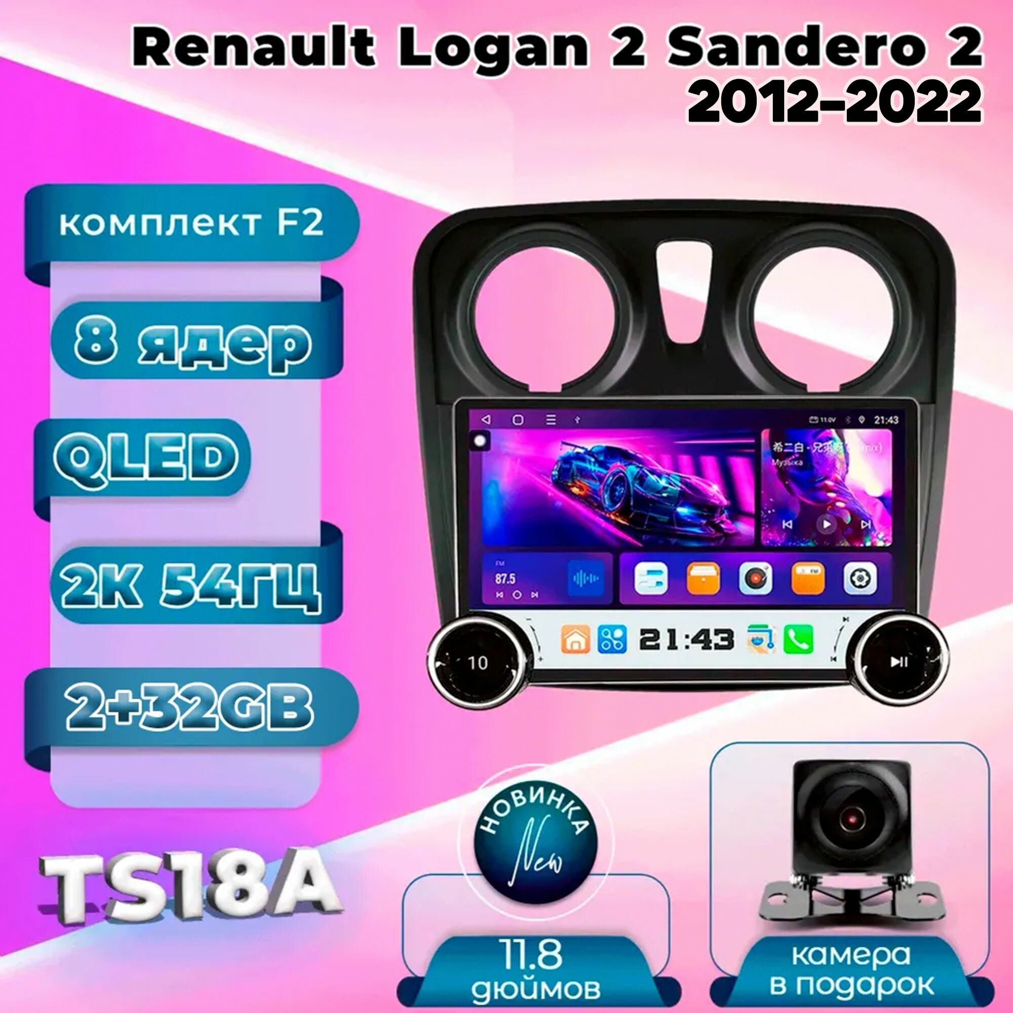 Штатная автомагнитола TS18A/2+32GB/ Renault Logan 2 Sandero 2 Рено Логан 2 Сандеро 2/ Круглые воздуховоды Магнитола Android 10/2din Головное устройство Мультимедиа