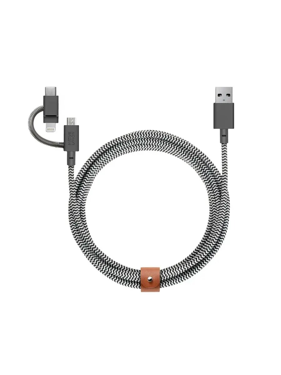 Кабель зарядный 3 в 1 Native Union BELT CABLE UNIVERSAL, MICRO-USB/LIGHTNING/USB-C, 2 метра, цвет: зебра