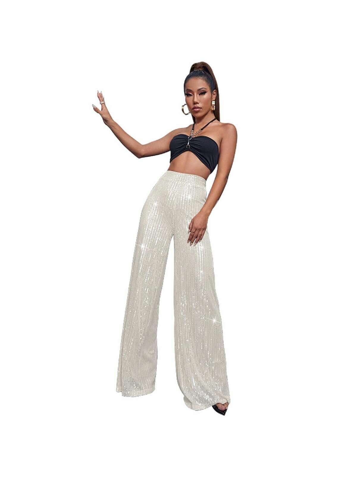 Блестящие женские брюки-клеш, Серебристо-белый - L