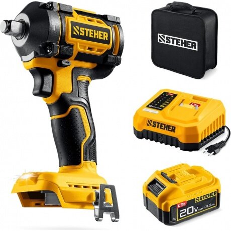 Гайковерт бесщеточный ударный STEHER 20 В, 500 Н·м, 1 АКБ LMS (4 А·ч), сумка (CWB-500-41)