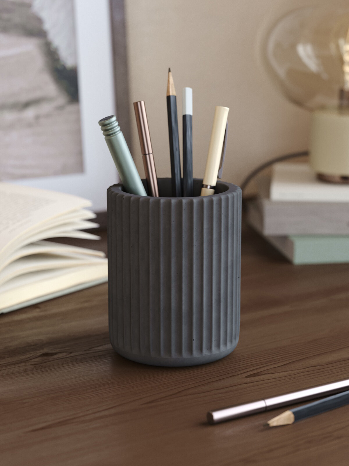 Стакан канцелярский Chloe, подставка для ручек и карандашей, 11х9х9 см, бетон, графит матовый