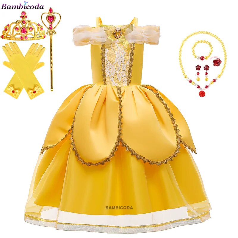Платье принцессы Белль BAMBICODA для косплея 3-12 лет Желтый, 4T(110), Package list 3-07