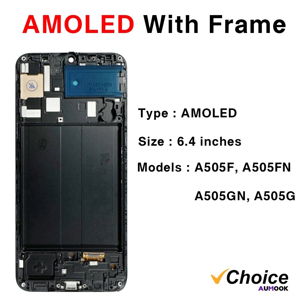 6,4-дюймовый AMOLED-дисплей для Samsung Galaxy A50, ЖК-дисплей, преобразователь сенсорного экрана в сборе для Samsung A505 с рамкой, замена ЖК-дисплея