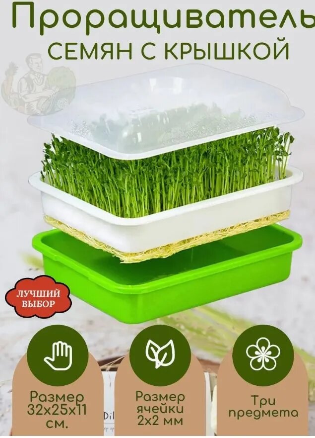 Парник, теплица прямостенная Проращиватель семян и микрозелени с крышкой "лотки для микрuозелени" (гидропоника). Увеличенный объём. H_2283146293-z877S 0.335х0.25х0.11м, Пищевой пластик