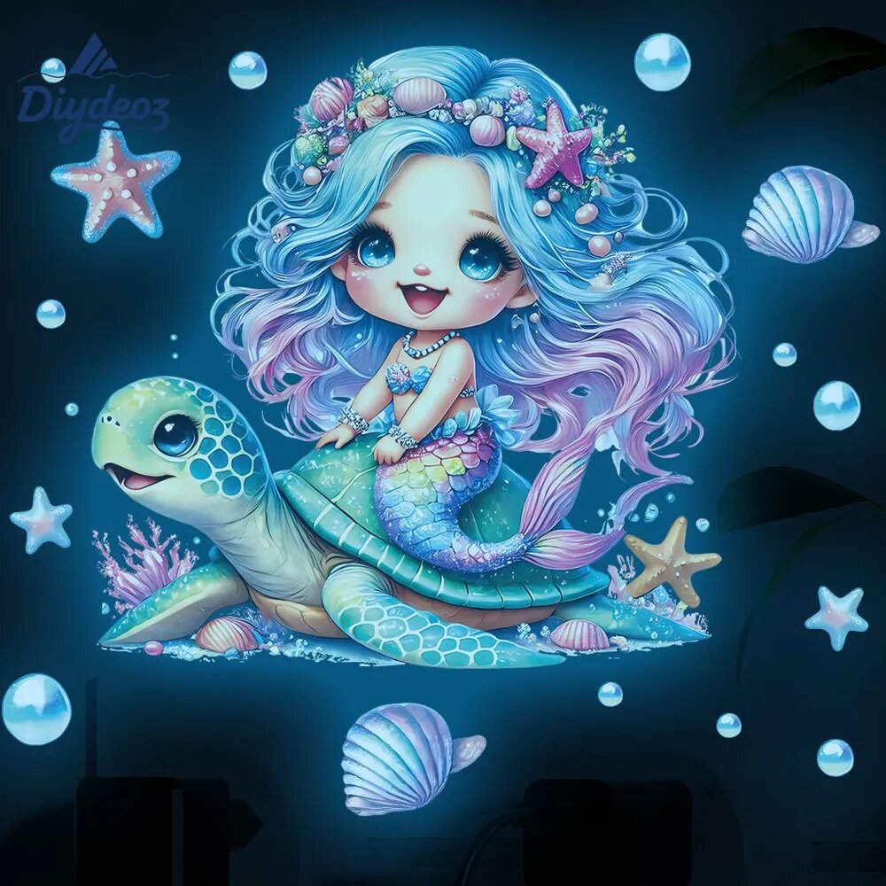 Светящаяся наклейка с рисунком маленькой девочки на спине черепахи