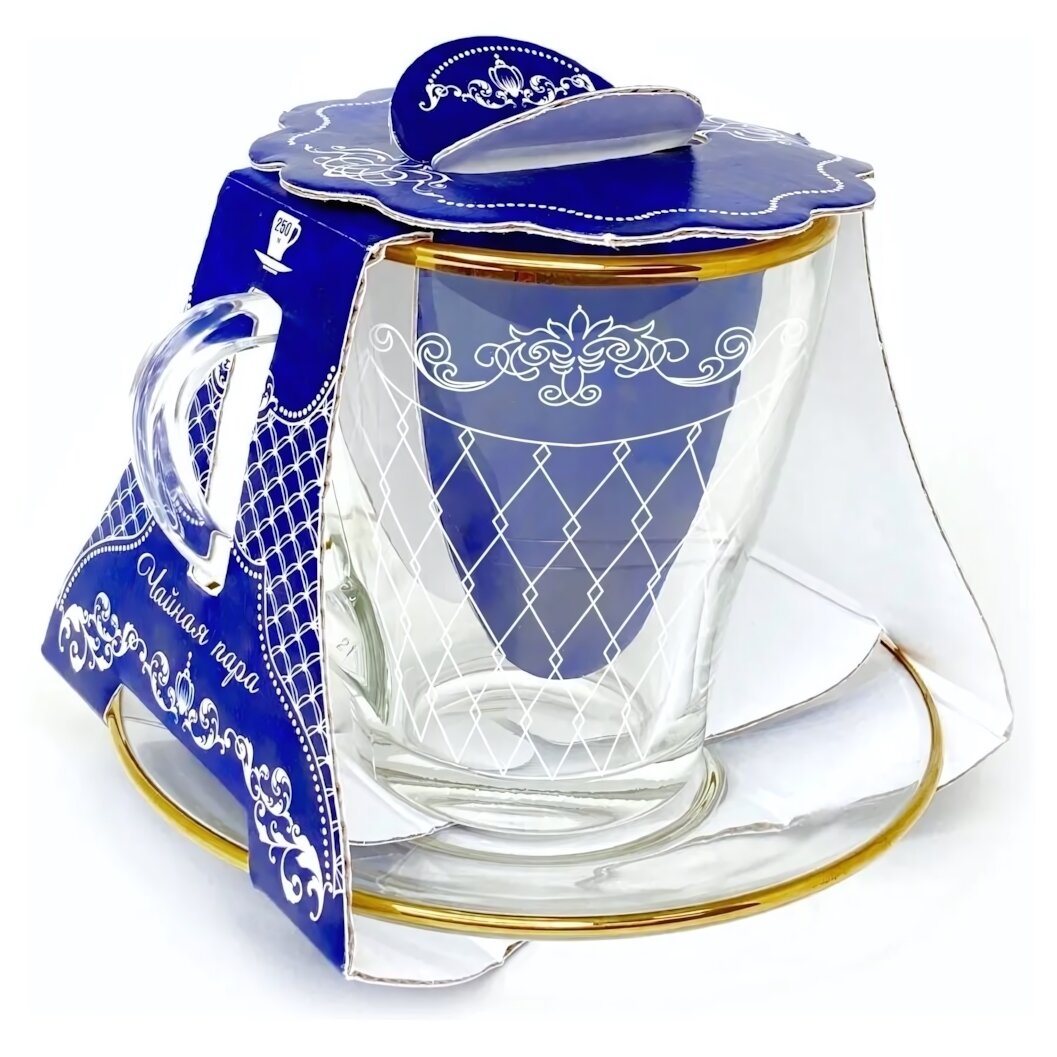 Чайная пара "Винтаж" 250 мл, стекло, с золотой каймой и узором, чашка и блюдце