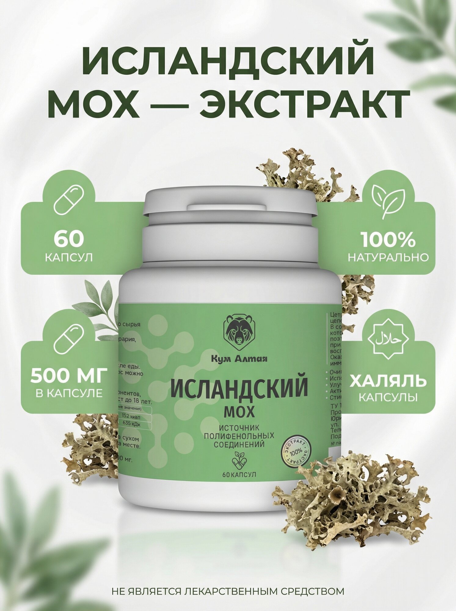 Экстракт Исландский мох "КумАлтая", для дыхательной системы, 100% натуральный, 60 капсул, Россия