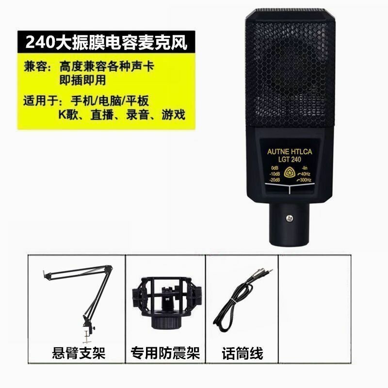 240-мм большой диафрагменный микрофон для пения в TikTok, записи, совместим с мобильными телефонами и звуковыми картами компьютеров, универсальный микрофон для прямых трансляций.