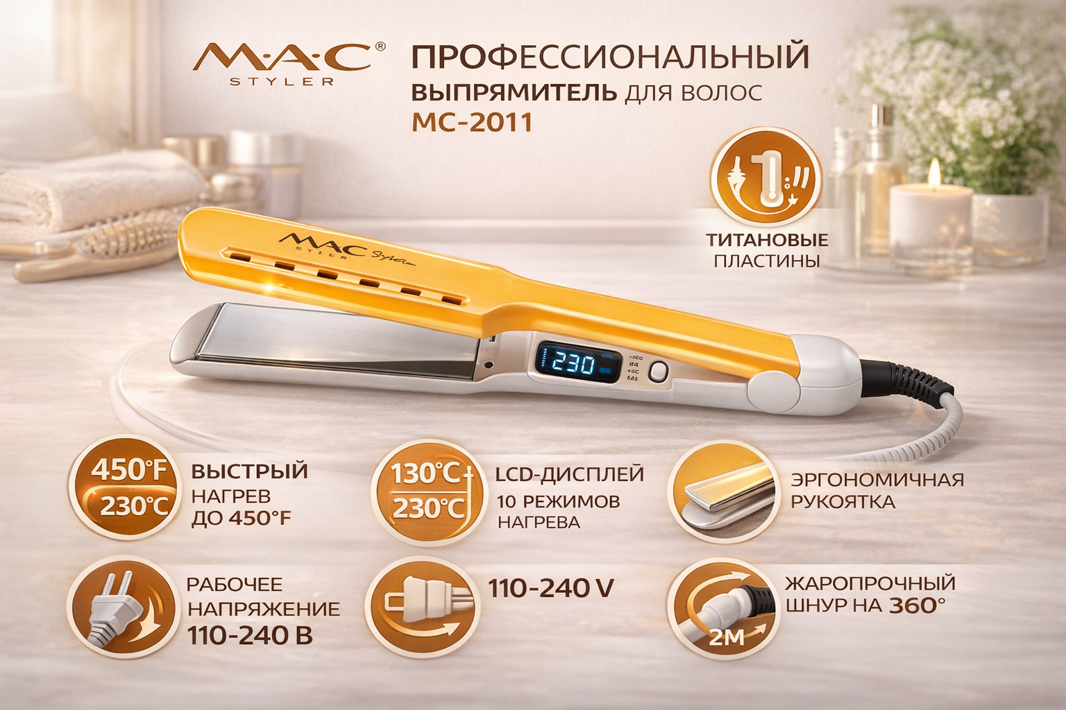 Профессиональный выпрямитель для волос MC-2011 с титановыми пластинами и LCD-дисплеем 230°C
