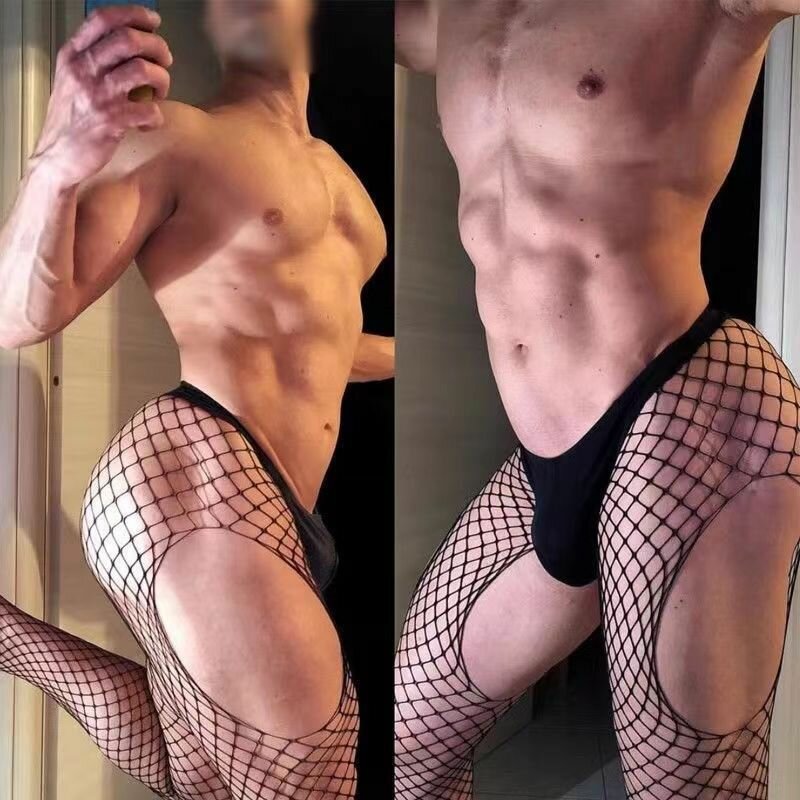 Мужские сексуальные сетчатые колготки, цельные колготки, соблазнительные с полым шаговым швом