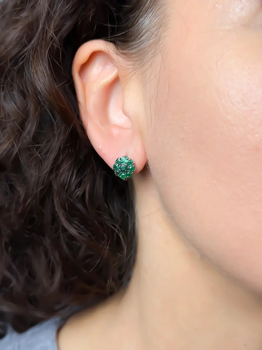 Серьги, серебро, 925 проба, чернение, родирование, изумруд