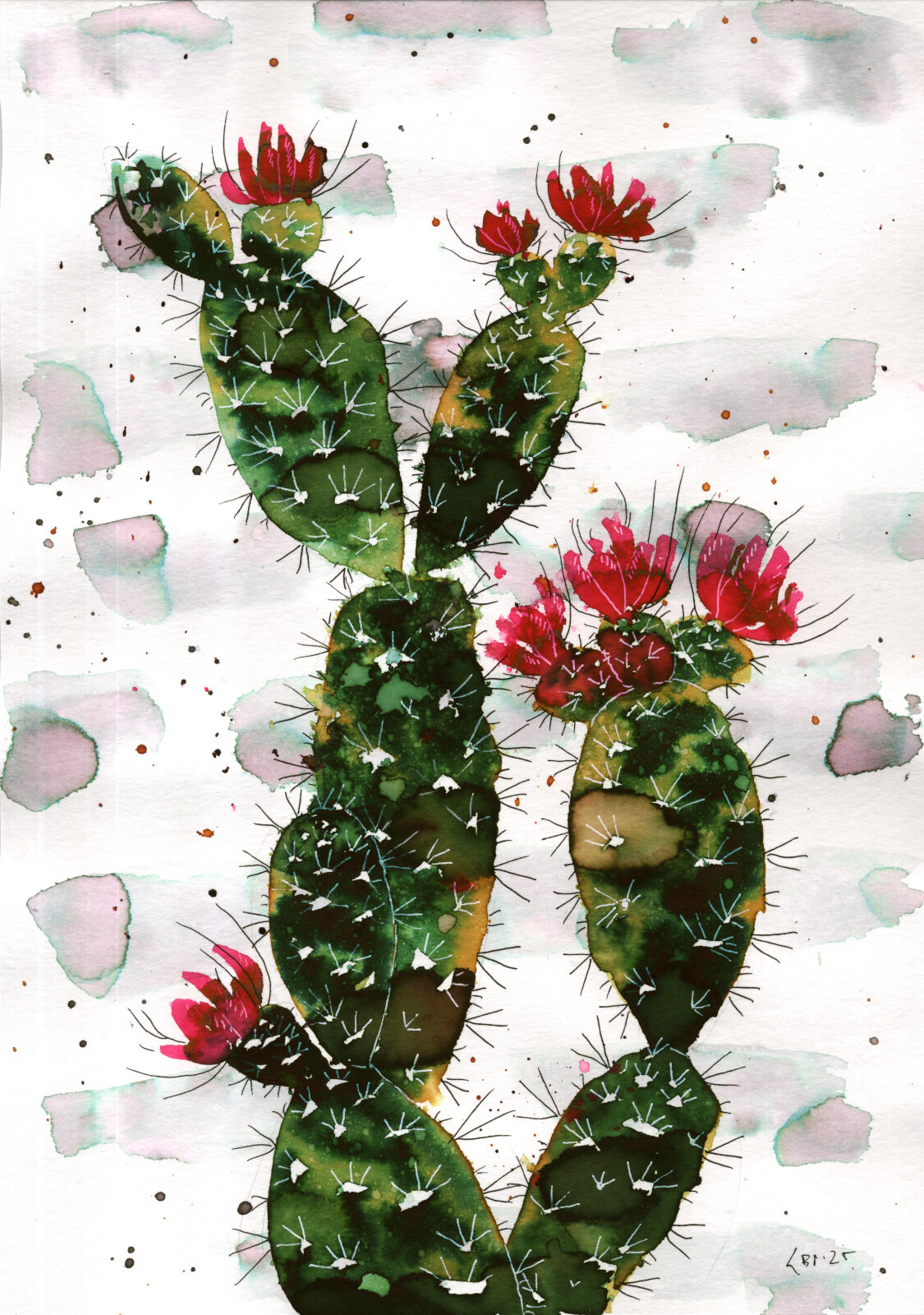 Картина авторская "Кактус зацвел на фоне кирпичной стены", ручная работа, чернила с блеском, бумага, 21х30 см