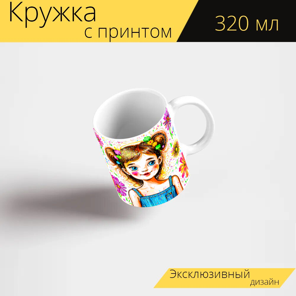 Кружка с рисунком, принтом "Яркие детские рисунки, украшенные блестками и цветами, выполненные в технике цифровой иллюстрации с акцентом на поднятие настроения" 320 мл.