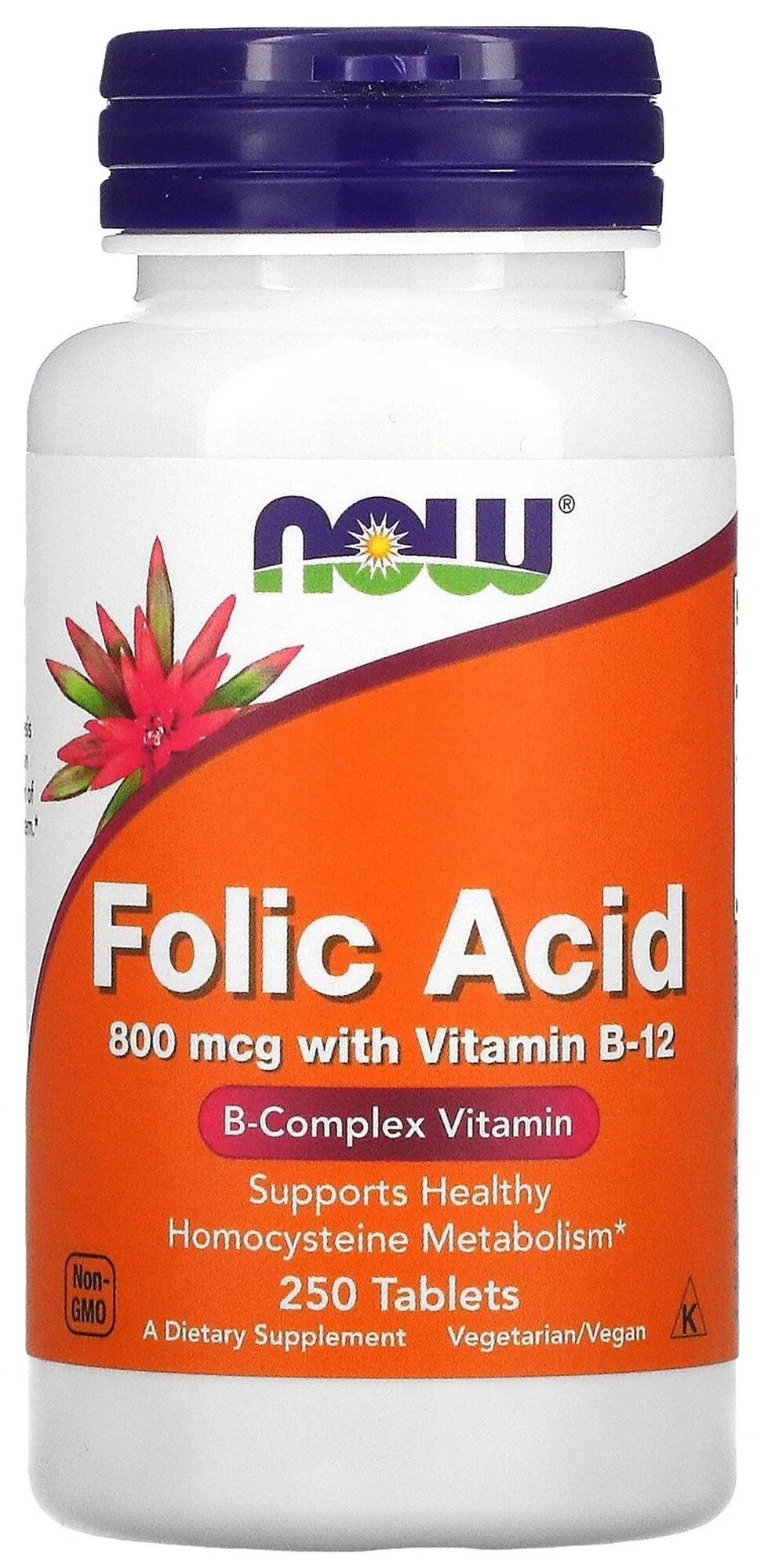Витамины NOW Folic Acid, с витамином B-12, для кожи, 80г, 250шт