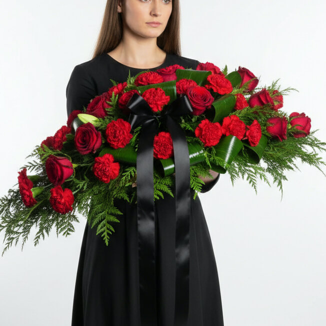 Траурная Композиция Мегацвет24 "Роза и гвоздика", красный, под лентой