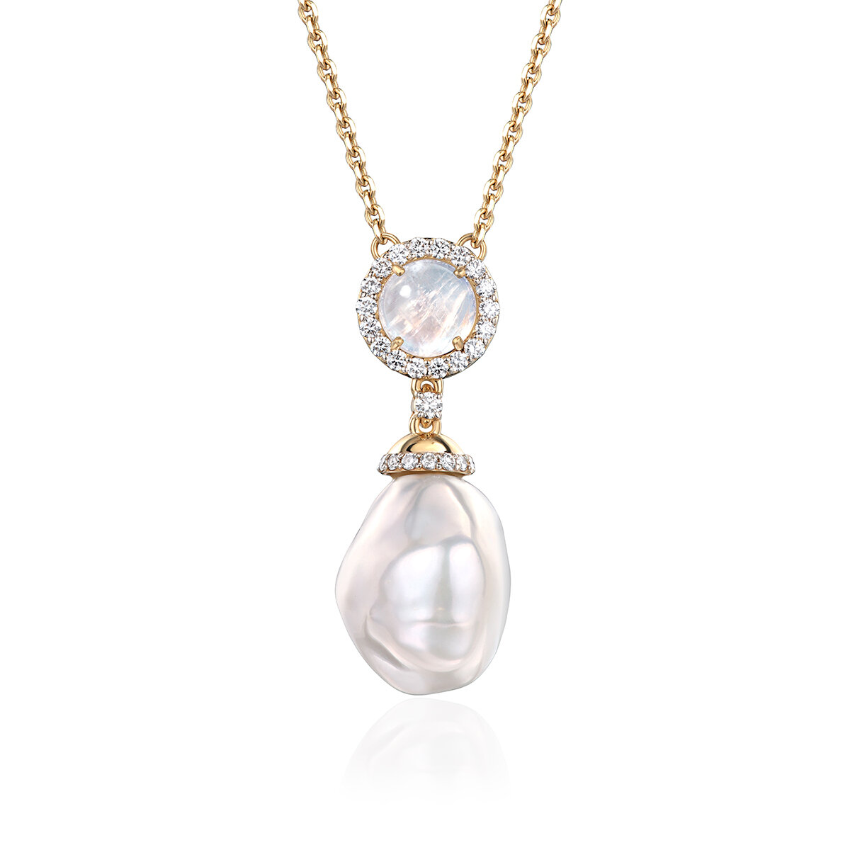 Колье, желтое золото, 585 проба, бриллиант, лунный камень, жемчуг