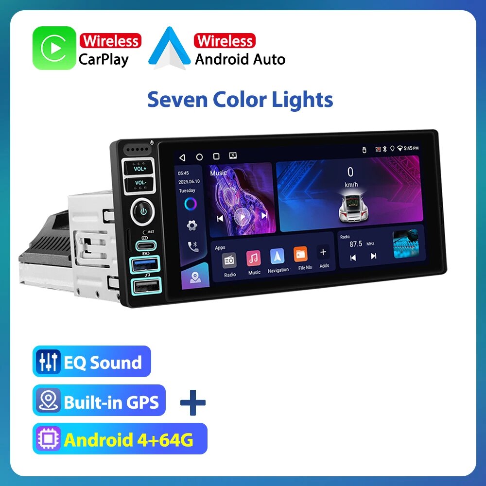 Podofo IPS 6,9 дюйма 1Din Carplay Android Auto Автомобильный радиоприемник Мультимедийный 4G 64G