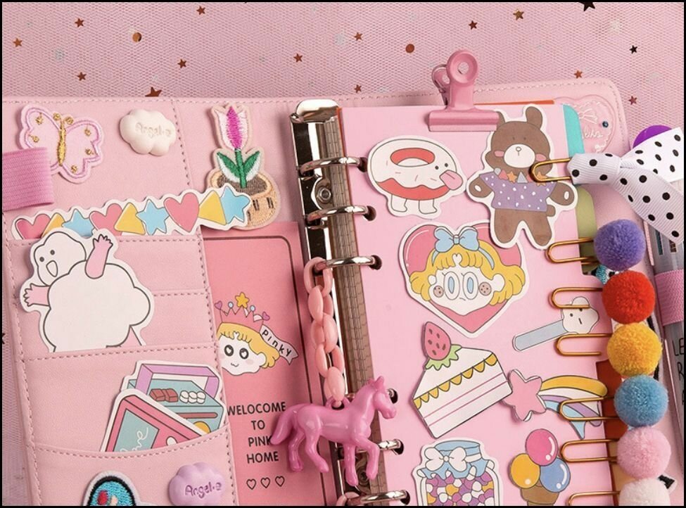 Розовый подарочный набор канцелярский с наклейками EEkid - розовый блокнот со стикерами и аксессуарами EEbaby