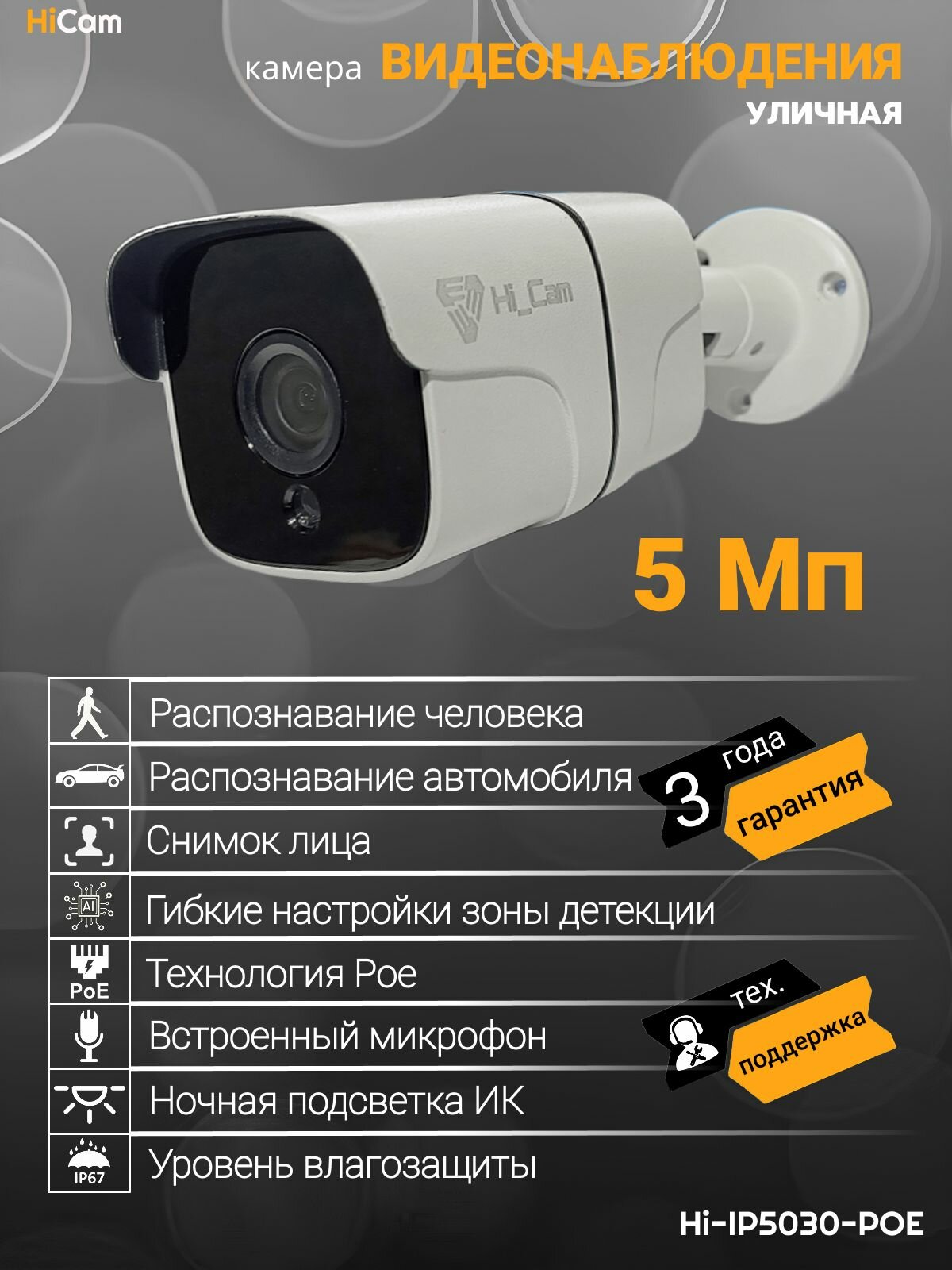 Камера видеонаблюдения IP Hi_Cam 5Мп, с микрофоном, распознавание человека