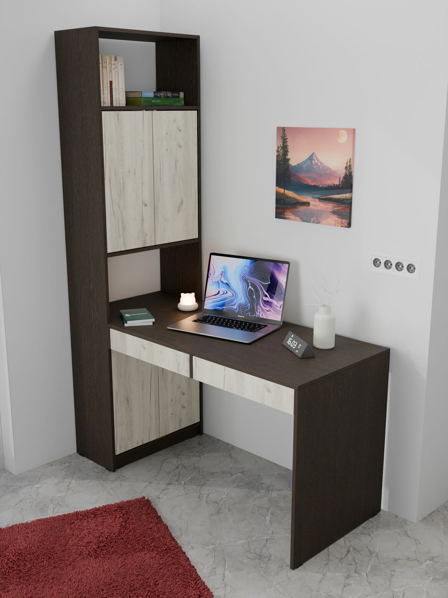 Изумлит Стол-стеллаж с дверьми письменный угловой, стеллаж слева 200х140х59.2 см, венге - дуб крафт белый