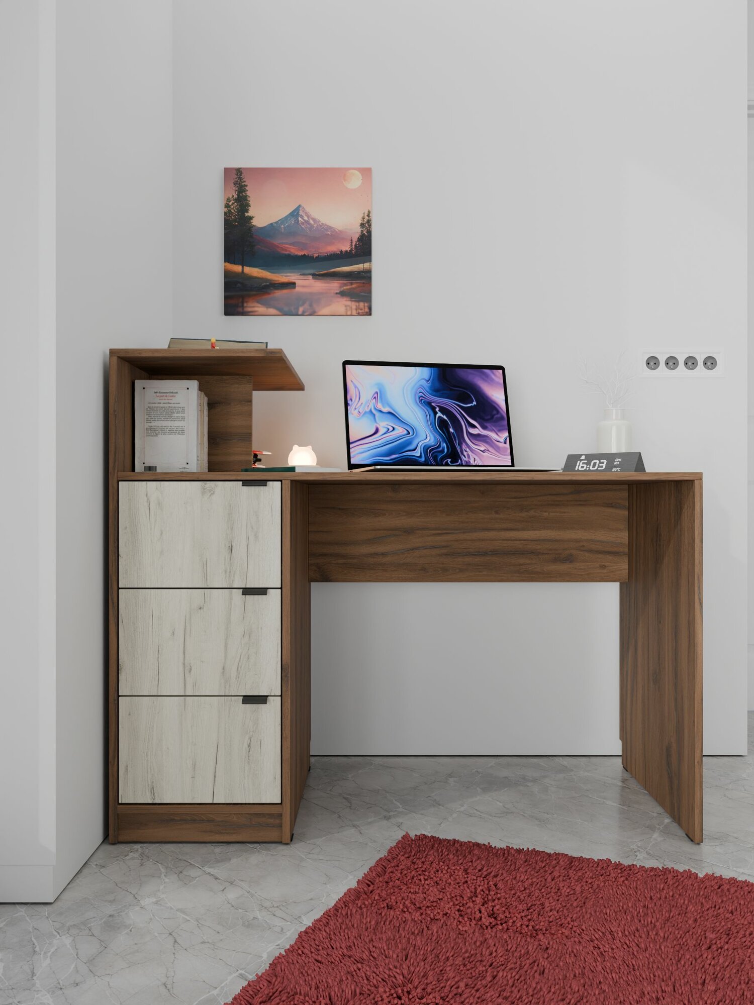 Изумлит Стол письменный с тумбой слева Практик 120х75х60.4 см, дуб крафт табачный - дуб крафт белый