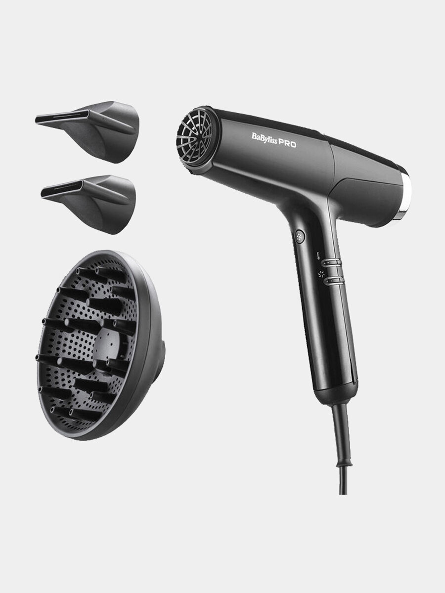 Профессиональный фен BaByliss PRO FALCO Black/Silver BAB8550BE, ультралегкий с цифровым мотором и ионизацией, бесшумный , 2000 Вт, 3 насадки в комплекте