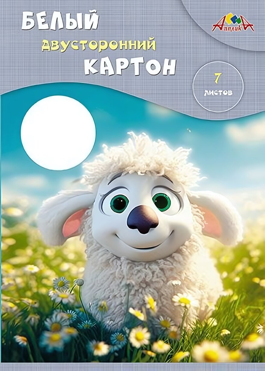 Картон белый А4 мелованный двусторонний, 7 листов, 'Белая овечка', для аппликаций и творчества
