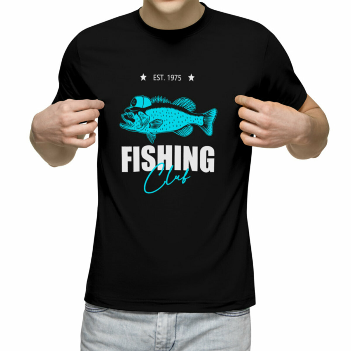 Мужская футболка «Рыболовный клуб. Рыбалка. Рыбка в кепке» (черный, S)