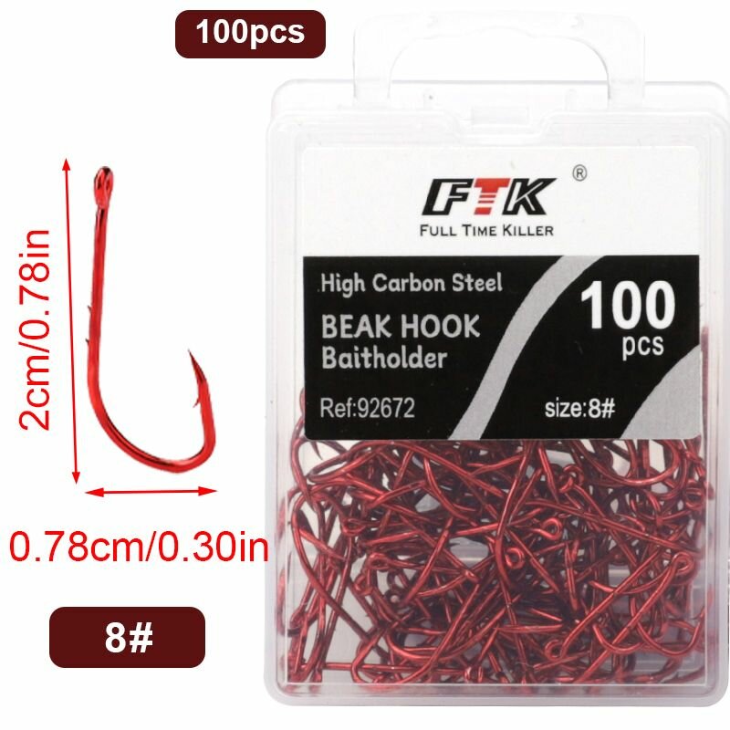 Крючок рыболовный FTK 8#, High Carbon Steel, 100 шт, длиной 2 см, Baitholder для рыбалки