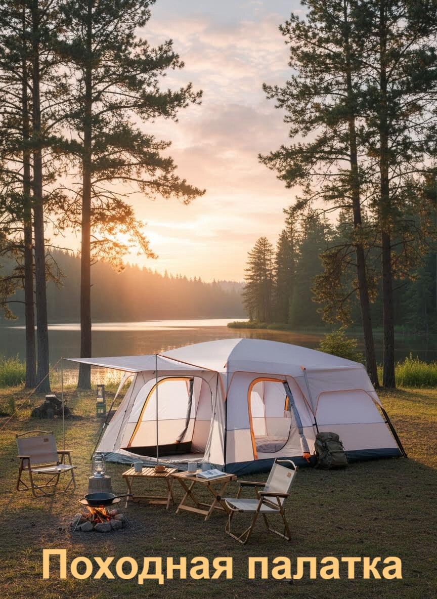 Кемпинговая палатка, 4 спальных места, внутренний каркас, 8.5 кг, бежевый