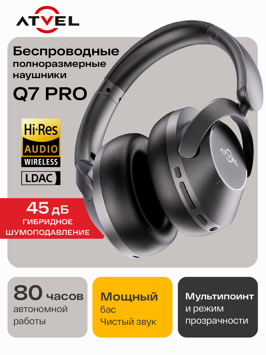 Наушники беспроводные Atvel Tune Pro Q7 полноразмерные большие с микрофоном, Bluetooth 5.3, ANC