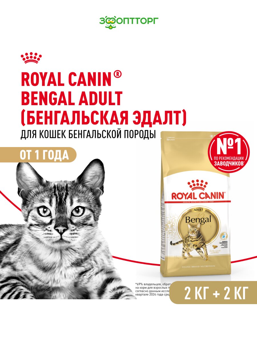 Сухой корм Royal Canin Bengal Adult для взрослых кошек бенгальской породы Птица, 2 кг х 2 шт.