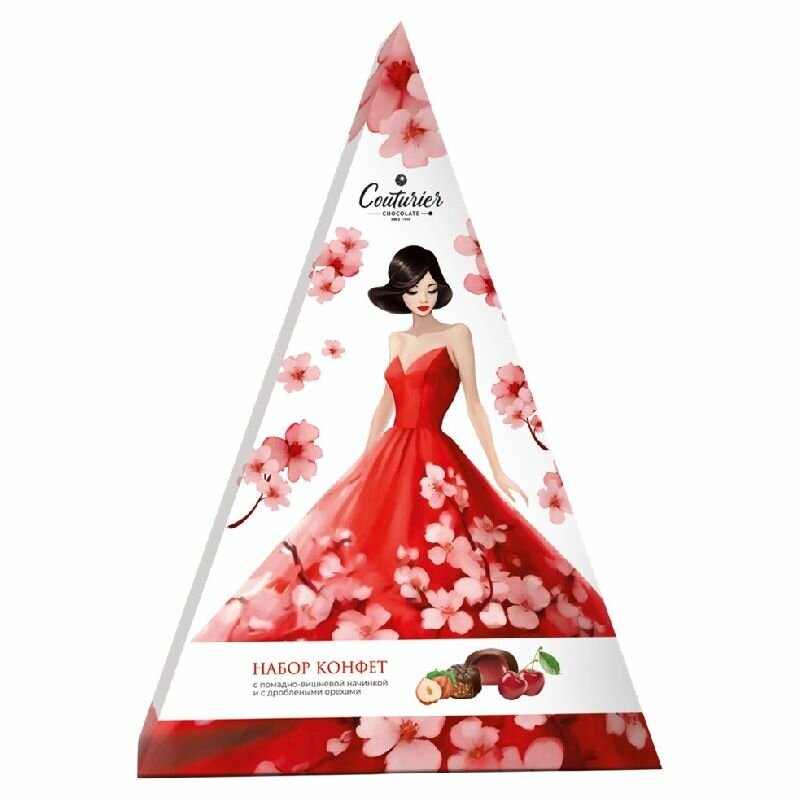 Конфеты COUTURIER "Красный шелк" шоколадные с помадно-вишневой начинкой и с дроблеными орехами /треуг. упаковка/ 125г