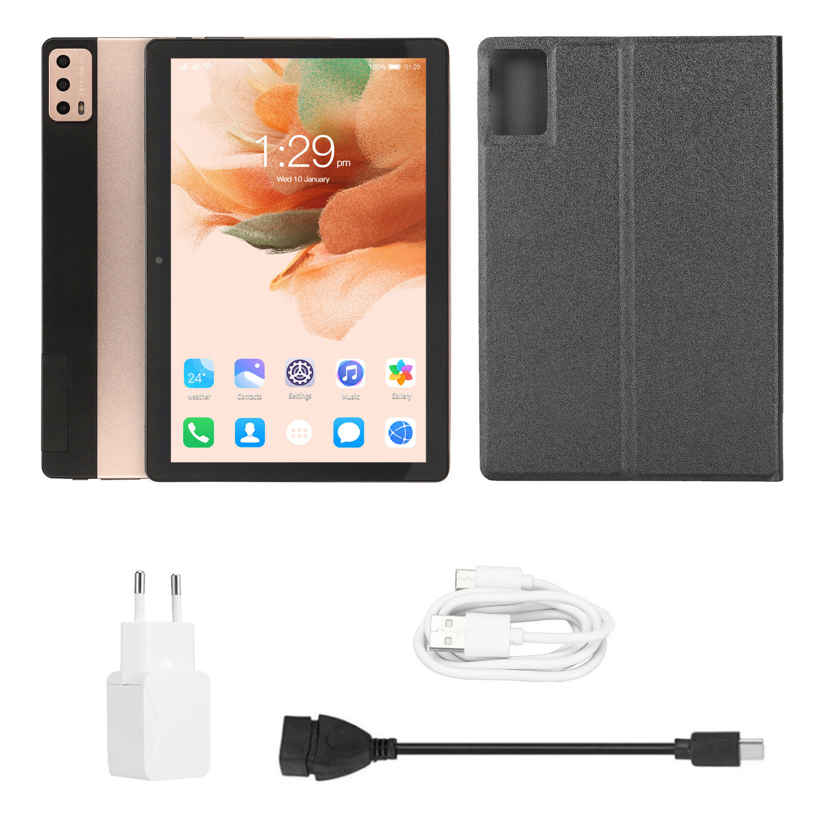 10,1дюймовый планшет с чехлом: Android 12, 8ядерный CPU, 6/128 ГБ, 4G, 8+16 Мп, FHD, 100240В, золоти
