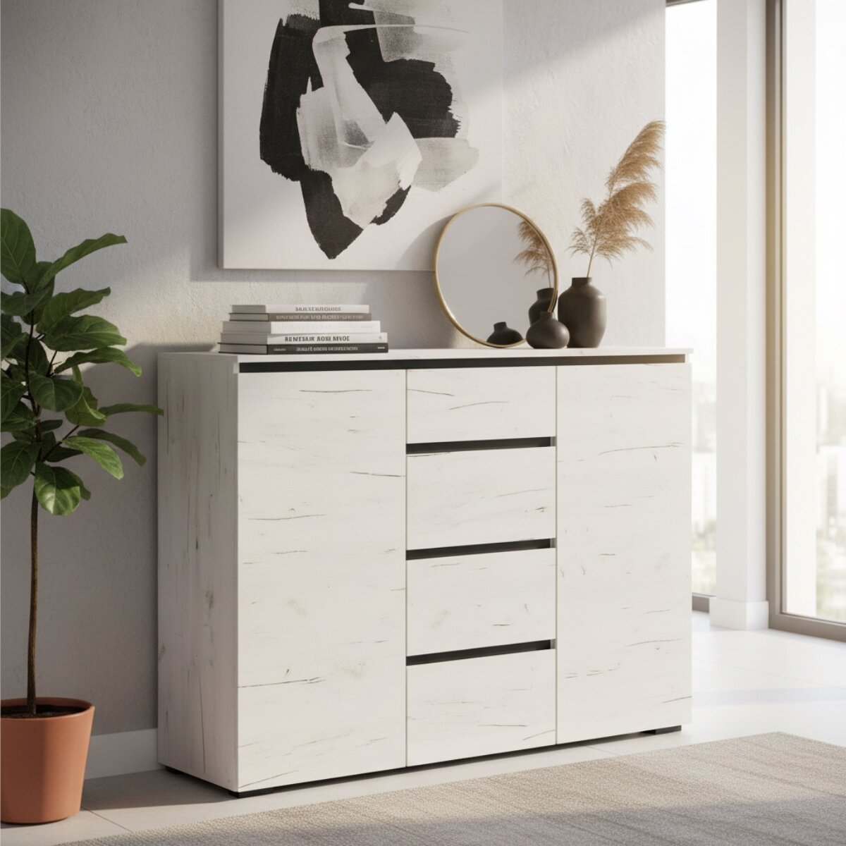 Комод Гретта 2С4Я для спальни и гостиной, 135х101х41 см, Дуб крафт белый/Антрацит, 4 ящика и 2 секции