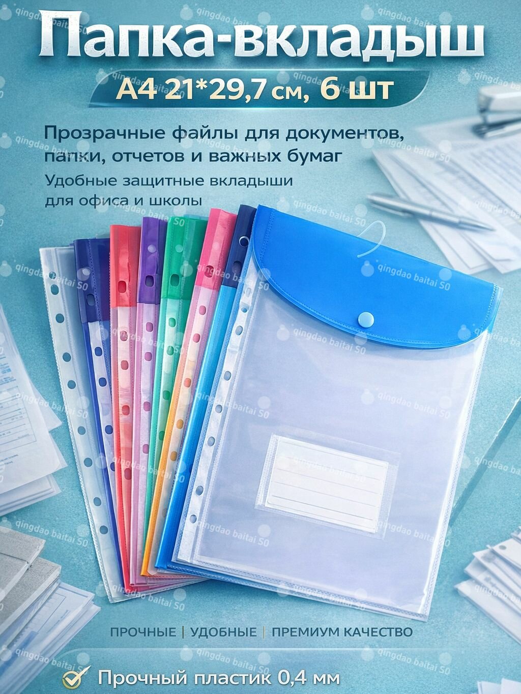 Папка-вкладыш A4 21*29,7 см, 6 шт, прозрачные файлы для документов, папки, отчетов и важных бумаг, удобные защитные вкладыши для офиса и школы