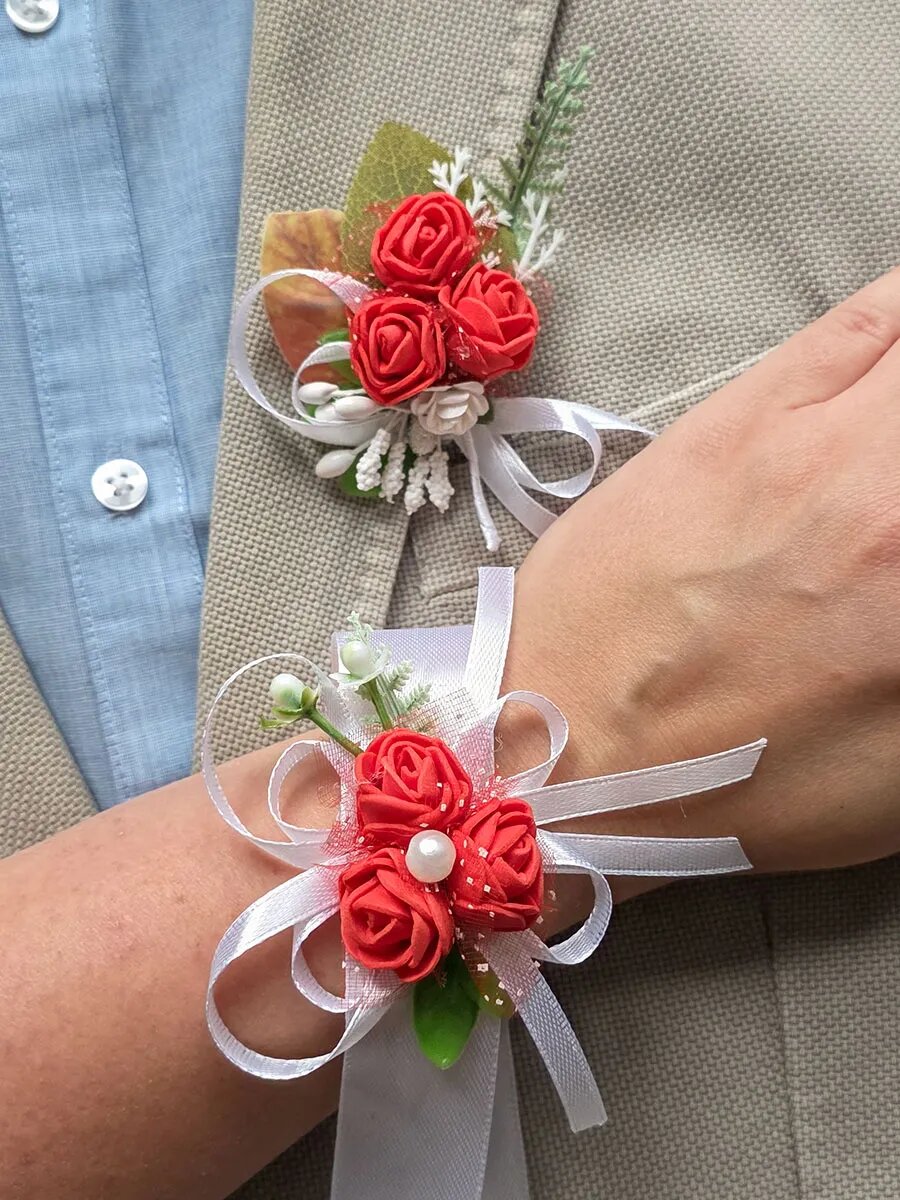 Набор: бутоньерка и браслет для жениха и невесты на руку и пиджак, комплект для свидетелей и гостей на свадьбу¶