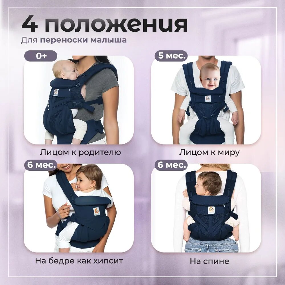 Ergobaby OMNI 360 Cool Air Mesh Рюкзак-переноска для детей от 0 до 4 лет, синий цвет, съемная сумка — фото 1
