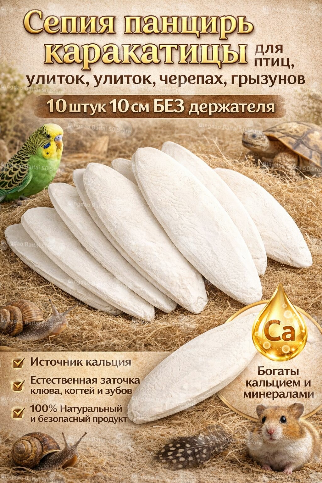 Сепия панцирь каракатицы для птиц, улиток, черепах, грызунов 10 штуки 10 см без держателя