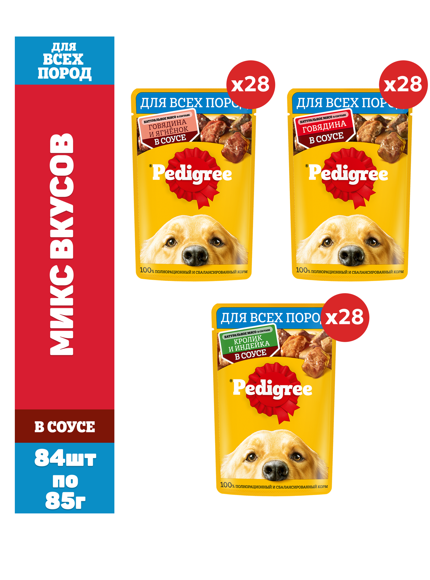 Влажный корм PEDIGREE для взрослых собак всех пород, микс вкусов в соусе, говядина, ягненок, кролик, индейка, 85г х 84шт