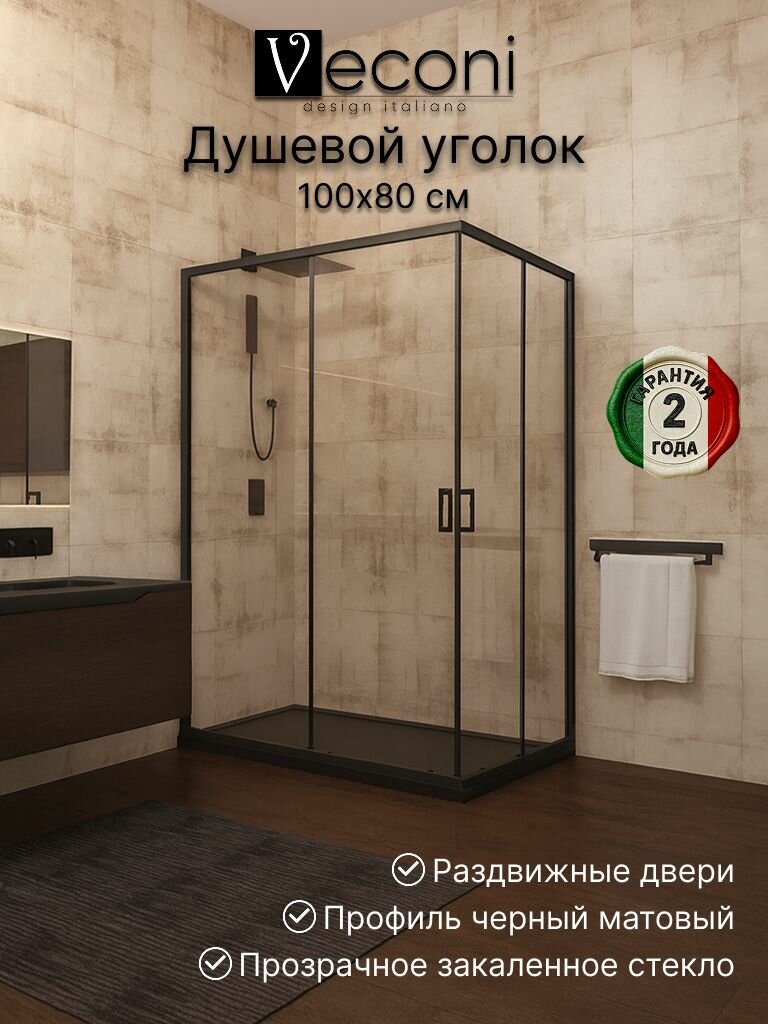 Душевой уголок Veconi Rovigo RV-14, 100х80 стекло прозрачное, профиль черный матовый RV14-10080-01-C5