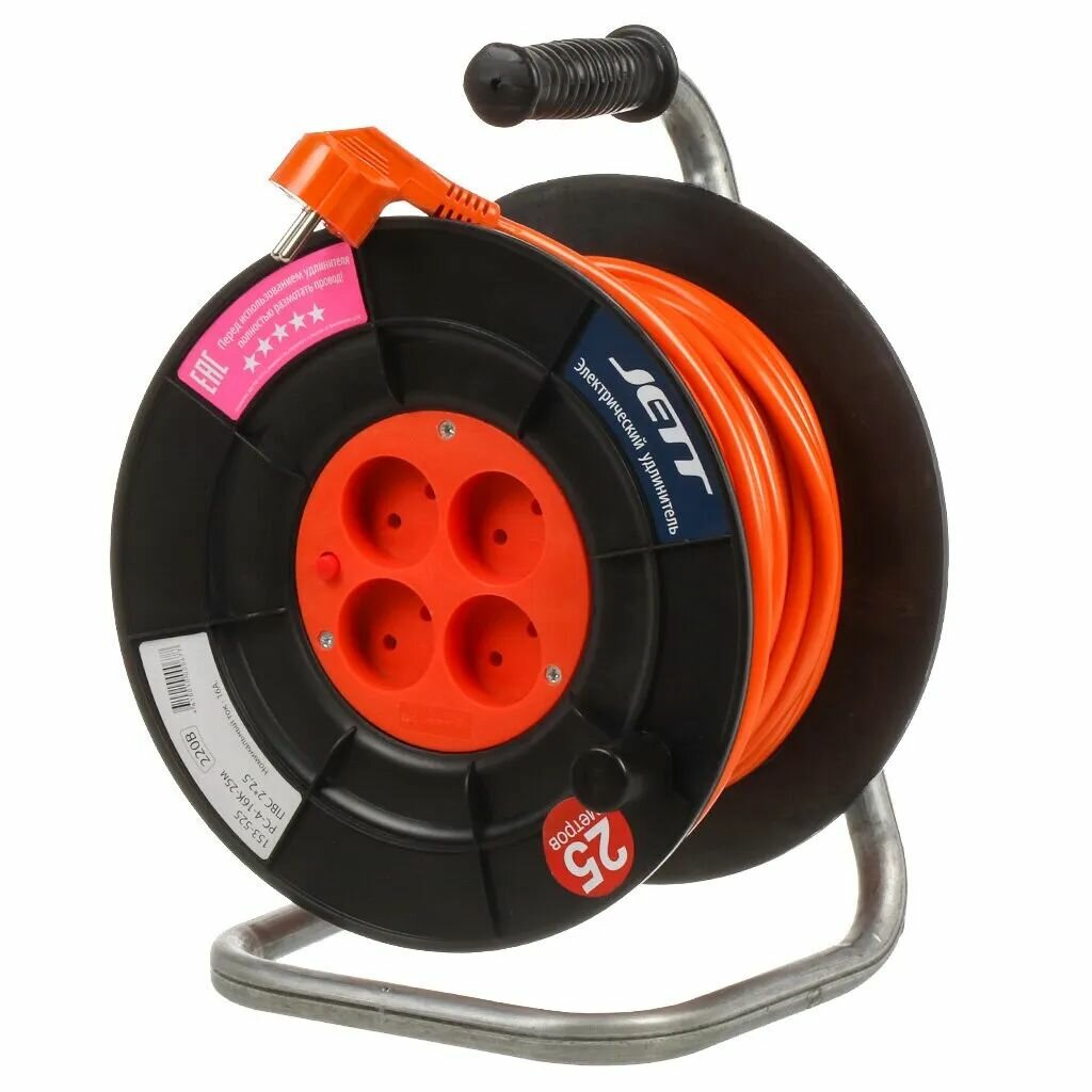 Удлинитель на катушке Jett 25 м, 4 розетки, ПВС 2х2.5 мм², 16А, без заземления, для сада и стройки, 153-525