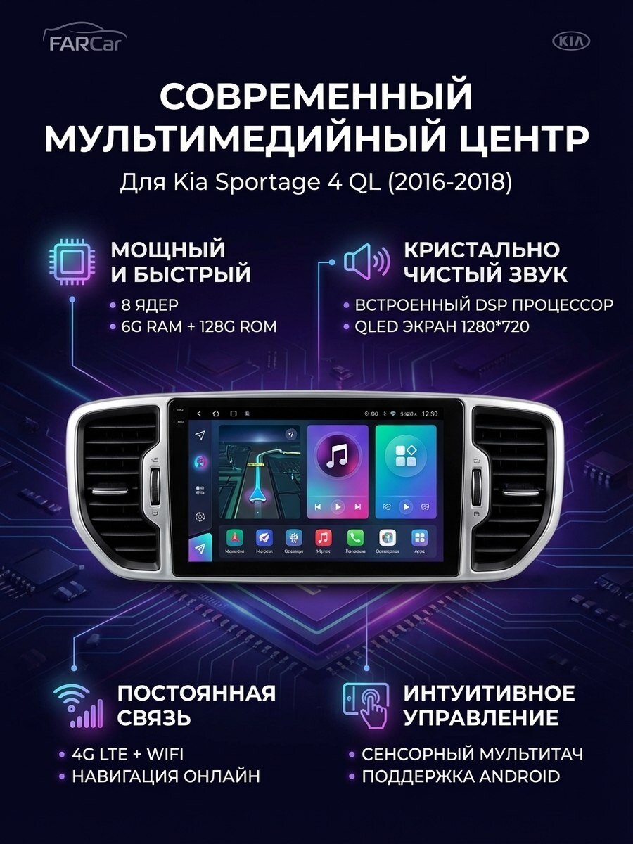 Штатная магнитола Киа Спортейдж 4 (Kia Sportage 4 QL) 2016-2018 на Android 14, WiFi + 4G, CarPlay