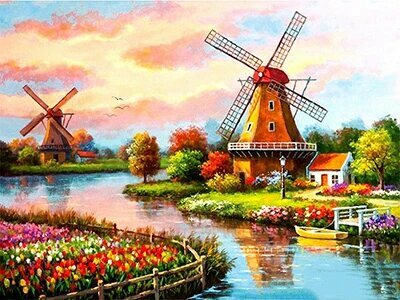 Алмазная вышивка пейзаж с мельницами 20x30см, розовый, Full Round