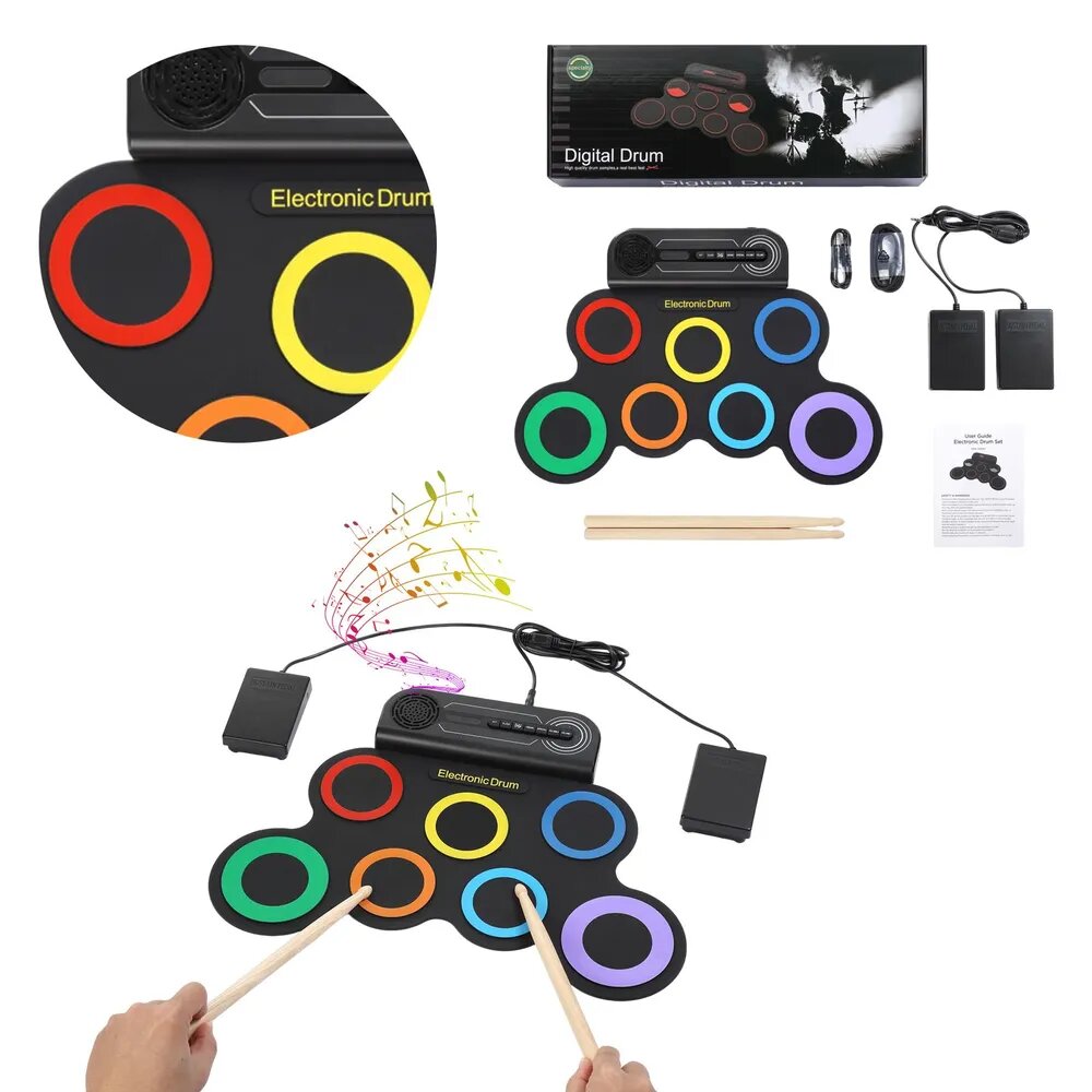 Детский электробарабан с динамиком, 7 барабанных подушечек, многоцветный