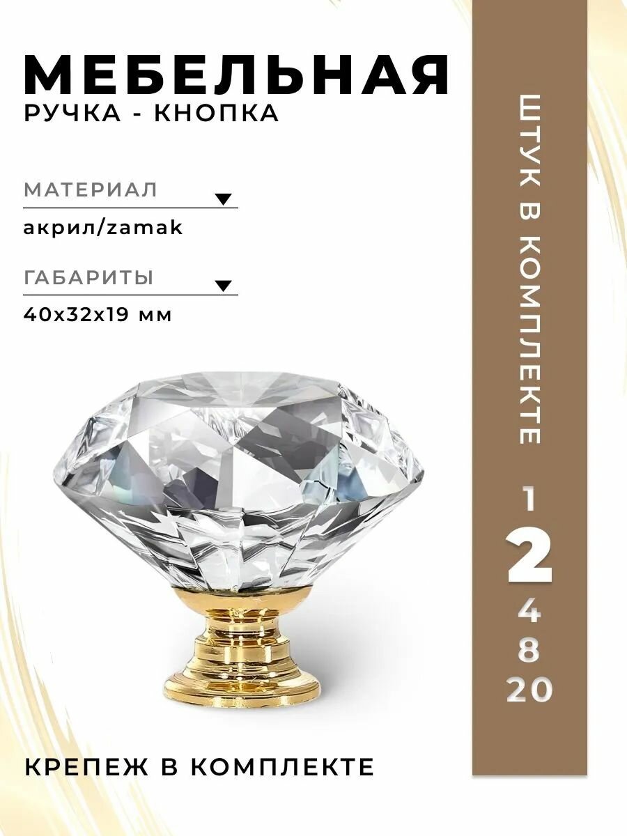 Ручка-кнопка IN.01.2020.0. PG кристалл золото, комплект 2 шт, ручка для шкафов, комодов, кухни, для кухонного гарнитура, фурнитура для мебели